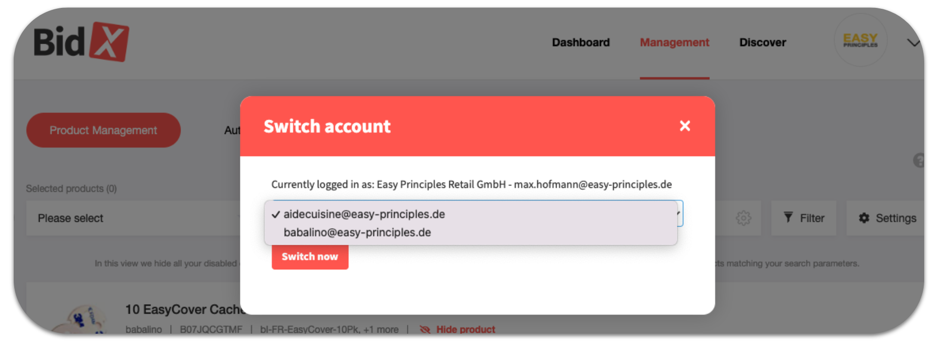 Multiple Amazon accounts in BidX - The Switch account feature